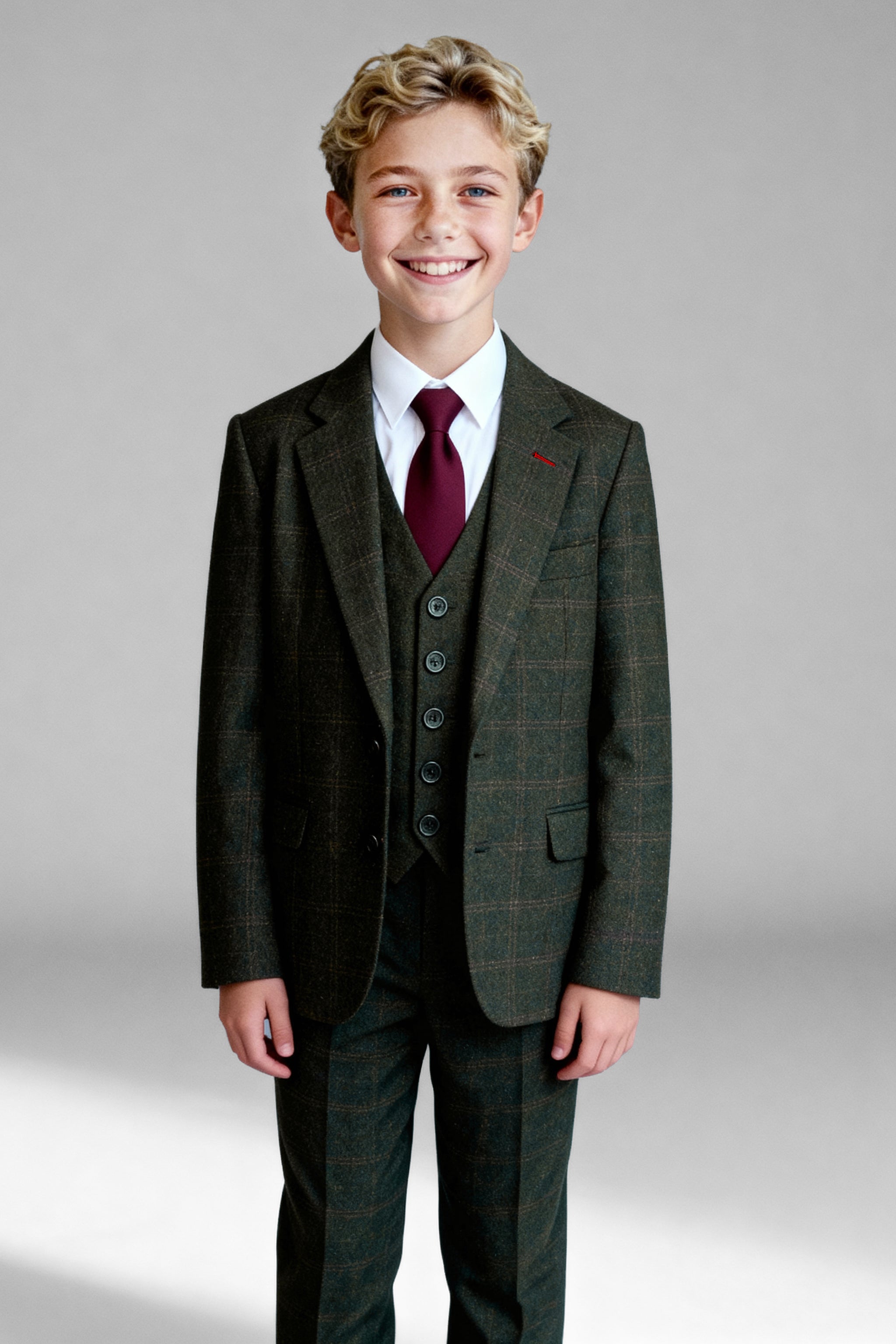 Boys Wool Tweed Check Suit 3PC in Forest Green | Sirri