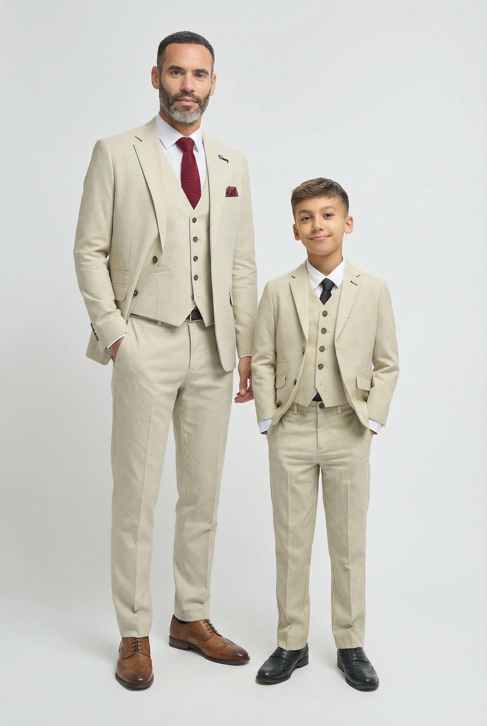 Men's Boys Beige Microcheck Suit Father & Son Bundle | Sirri