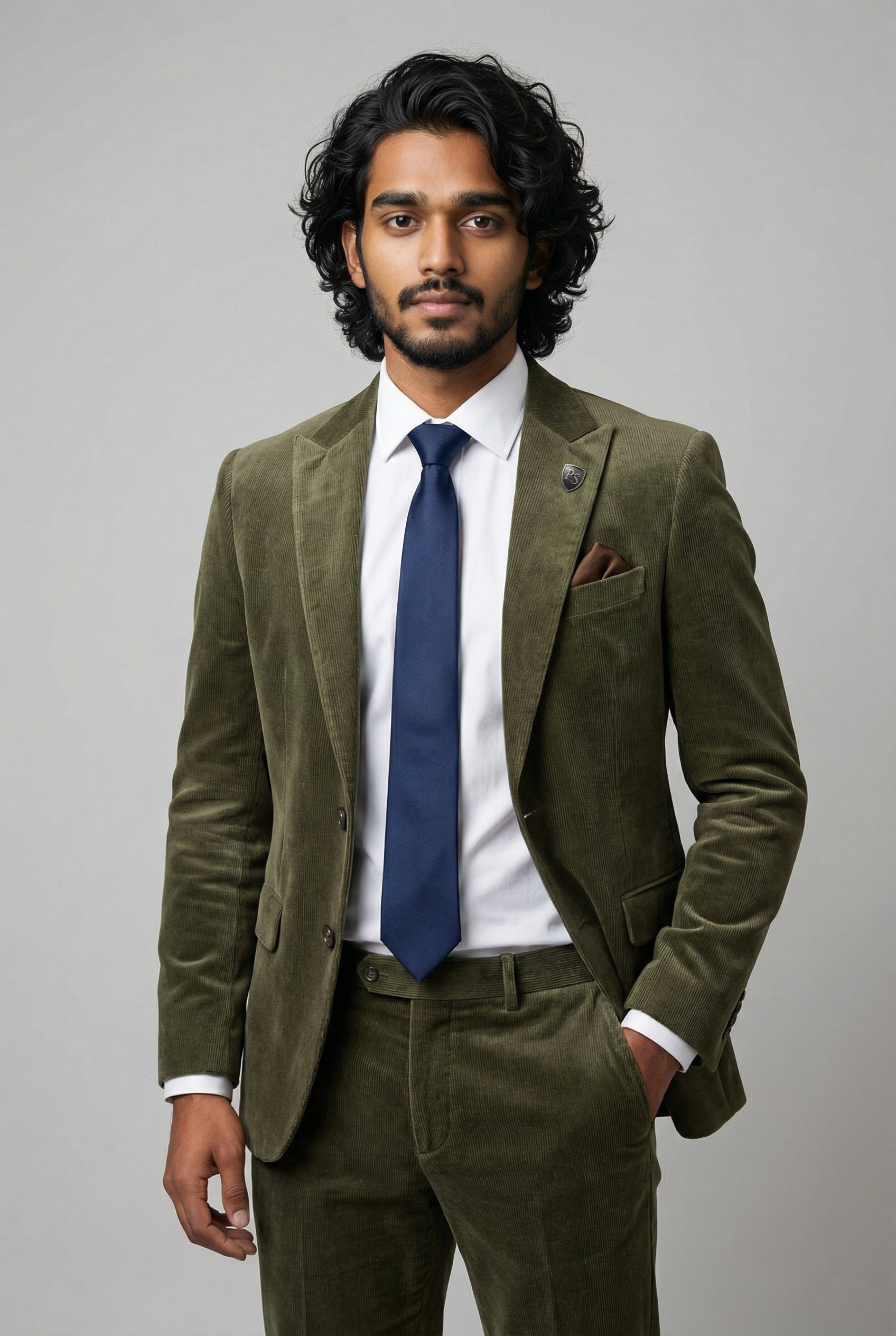 Men’s 2 PC Corduroy Formal Suit in Green & Light Blue| Sirri