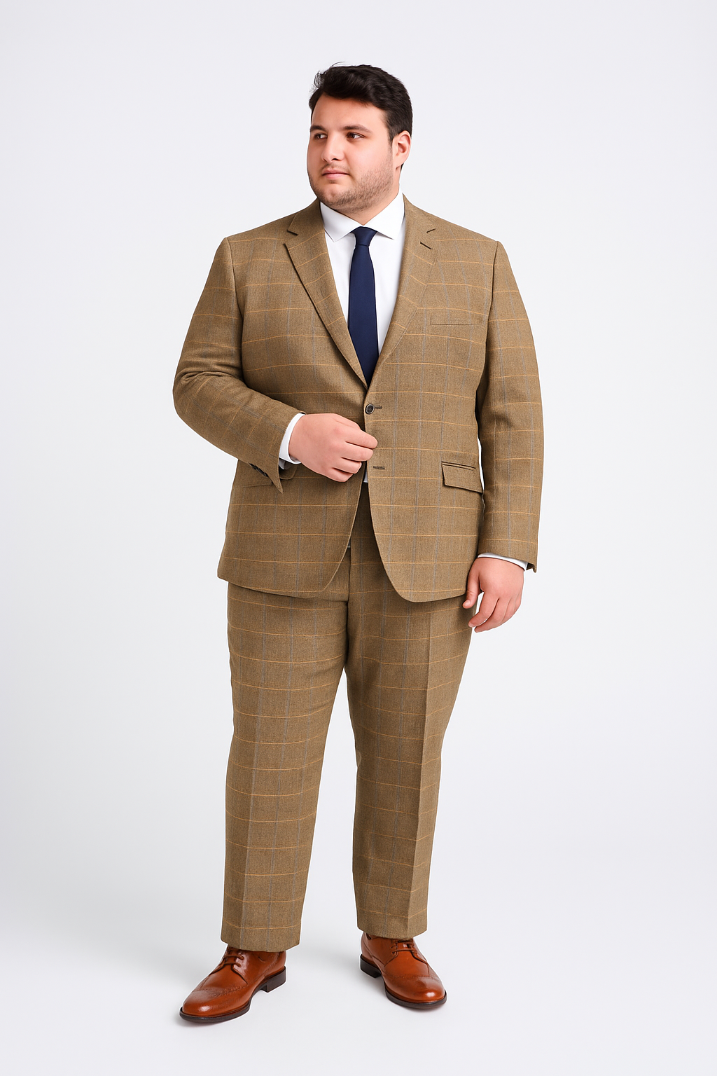 Men’s Plus Size Brown Herringbone Check 3-Piece Tweed Suit | SIRRI