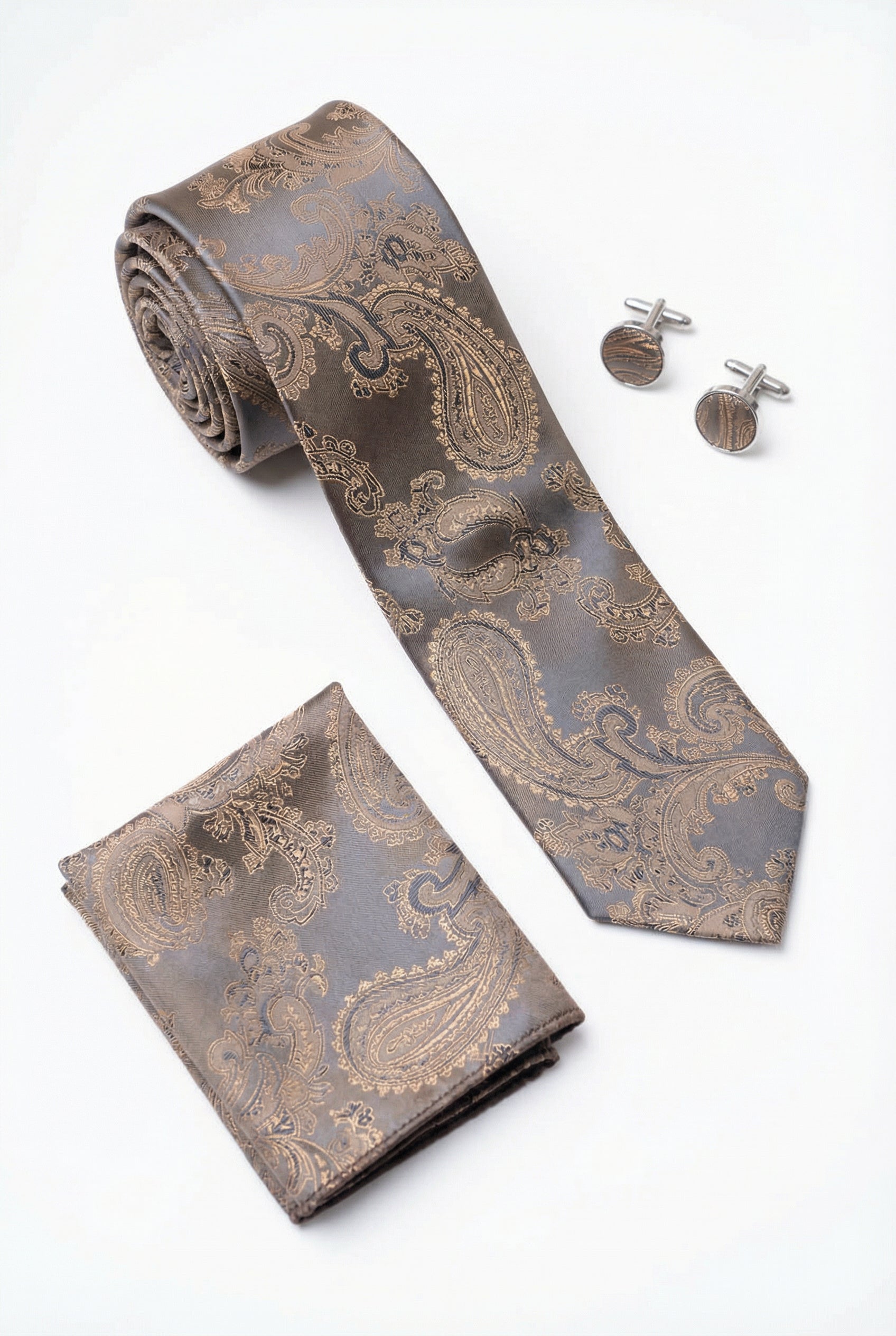Men’s Tan Paisley Tie & Hanky with Cufflink Set | Sirri