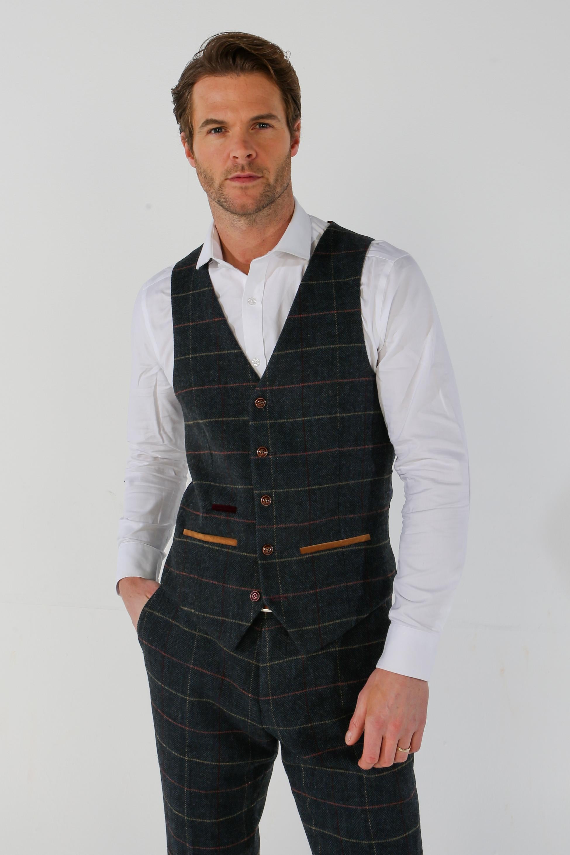 Elegant Men's Plaid Checkered Formal Navy Waistcoat | SIRRI