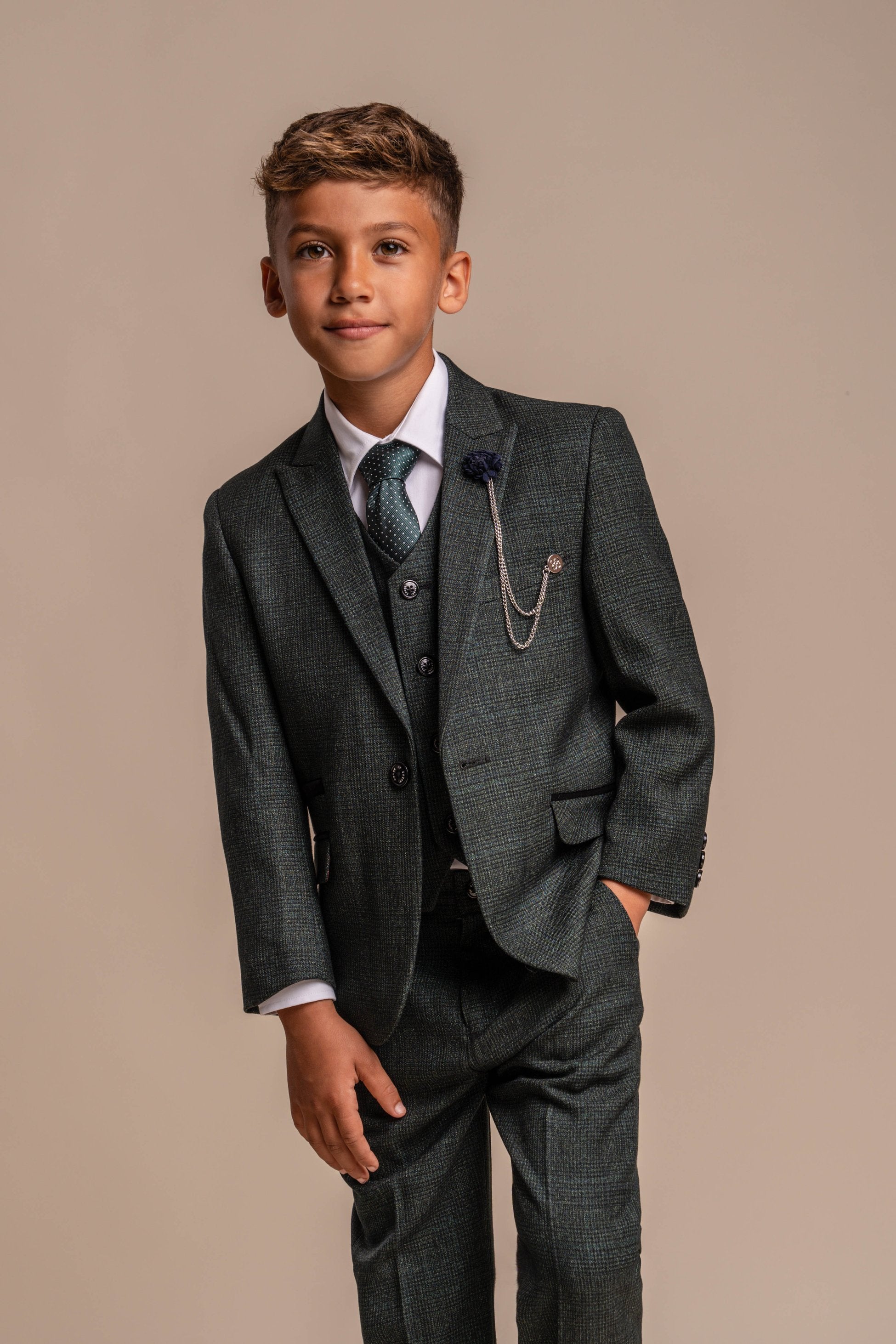 Boys Check Slim Fit 3 Piece Suit Olive | Sirri